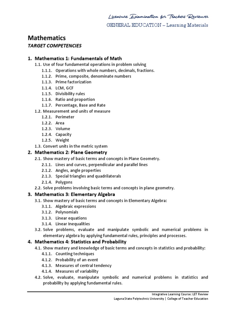 Comprehensive LET Review - GenEd Mathematics | PDF | Triangle | Subtraction