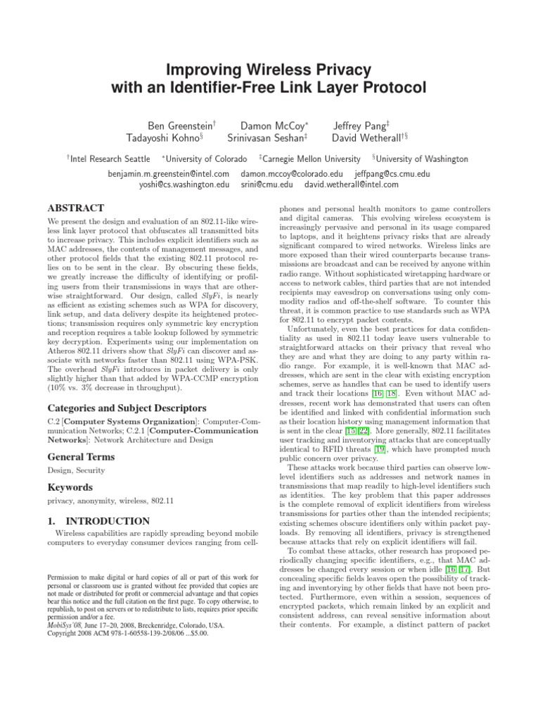 Improving Wireless Privacy With An Identifier-Free Link Layer Protocol ...
