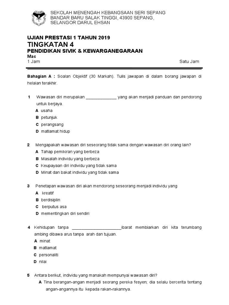 Ujian Prestasi 1 Form 4 2019 | PDF