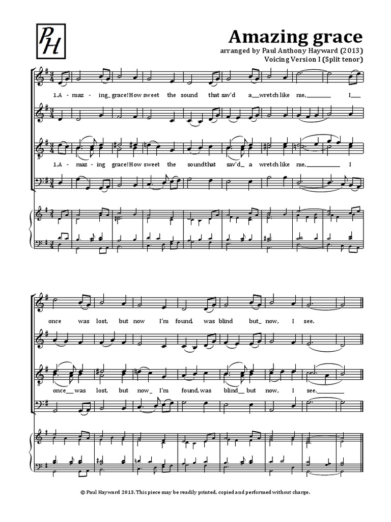 HYMN Amazing Grace SATB With Split Tenor (Arrangement, 2013) | PDF ...