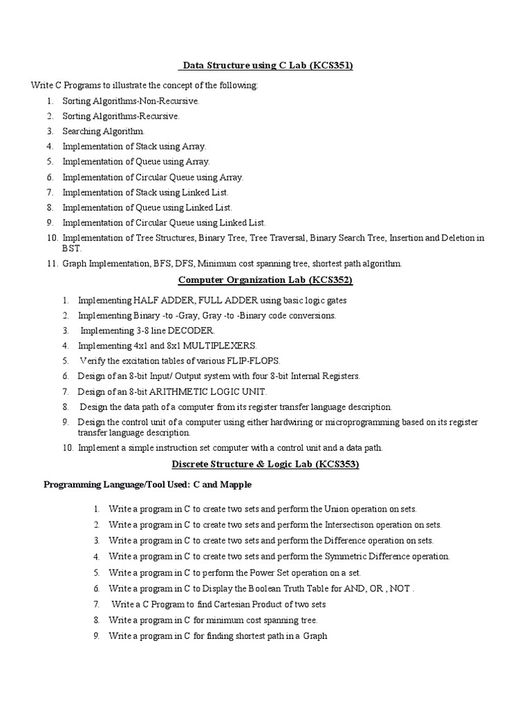Data Structure Using C Lab Kcs351 Programming Languagetool Used C 4147