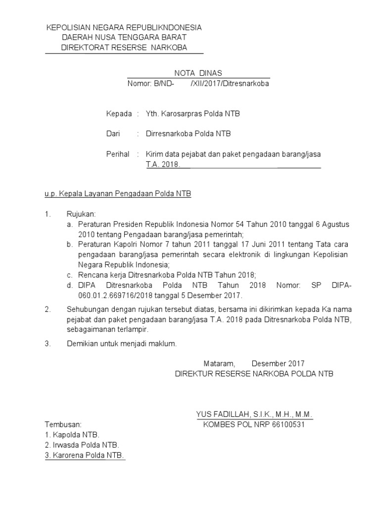 Nota Dinas Pejabat Pengadaan | PDF