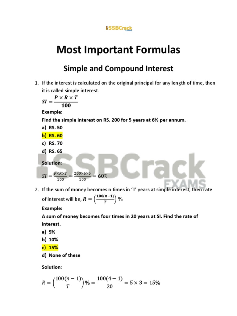 Study Material - Most Imp Formulas - SI and CI Lyst4154 | PDF ...
