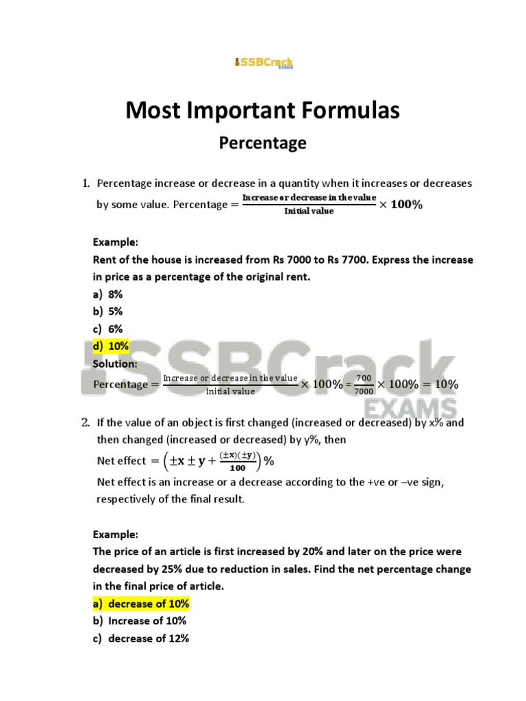 Study Material - Most Imp Formulas - Percentage Lyst8648 | PDF ...
