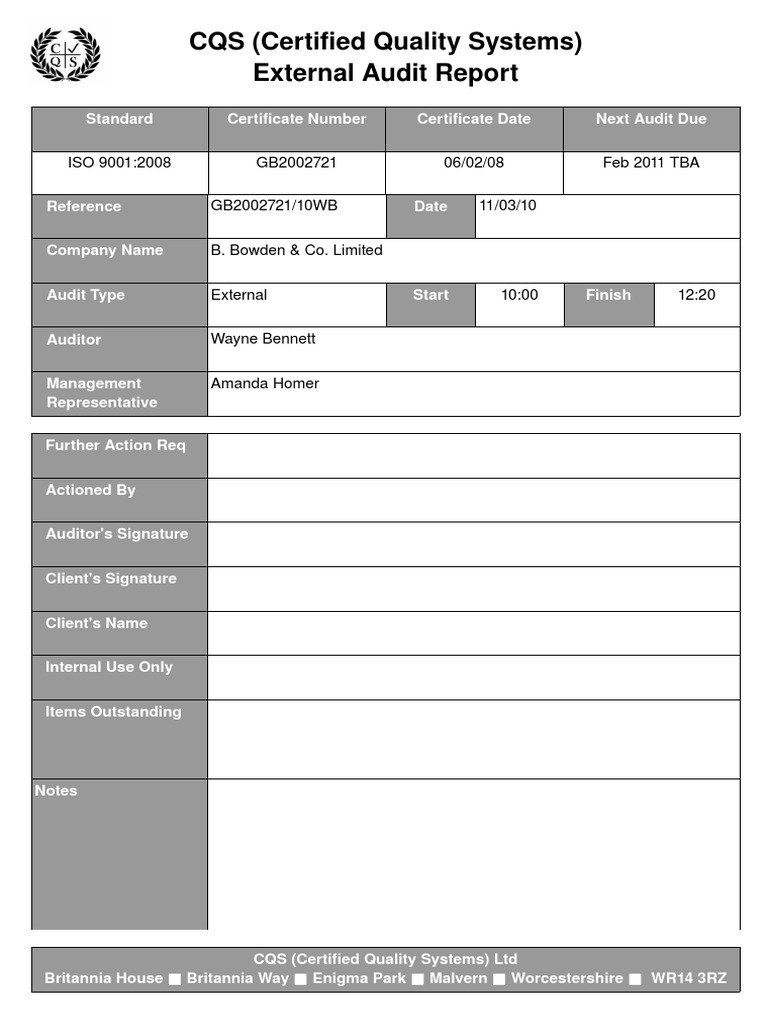 Quality System Audit Report Template | PDF | Audit | Quality Management ...