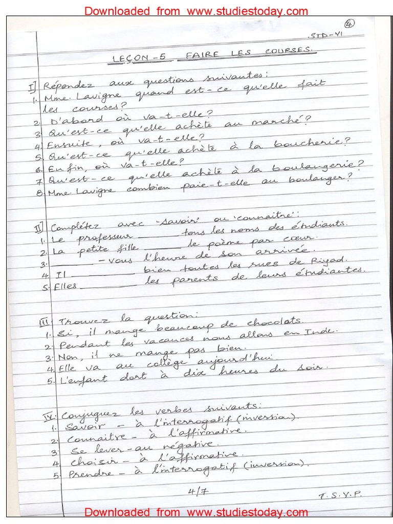 CBSE Class 6 French Faire Les Courses Worksheet | PDF