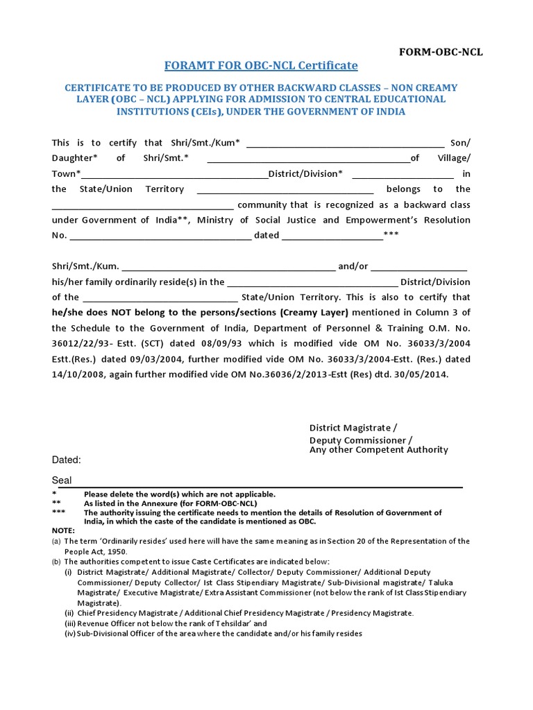 Form Obc NCL | PDF | Magistrate | Government