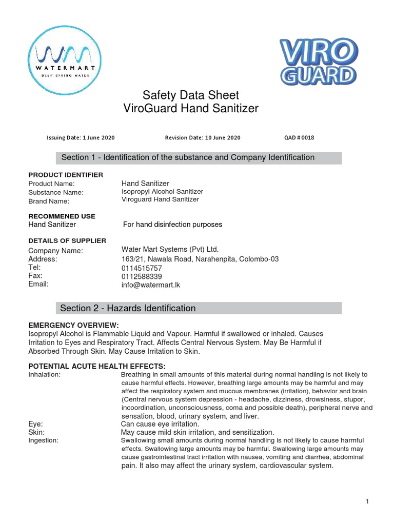 Viroguard Sanitizer SDS-Watermart | PDF | Dangerous Goods | Firefighting