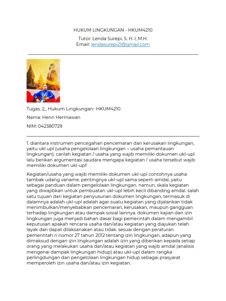Tugas. 2 - Hukum Lingkungan - HKUM4210 - Henri Hermawan | PDF | Pengelolaan Keuangan & Uang | Hukum