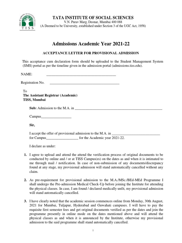 Admissions Academic Year 2021-22: Tata Institute of Social Sciences | PDF