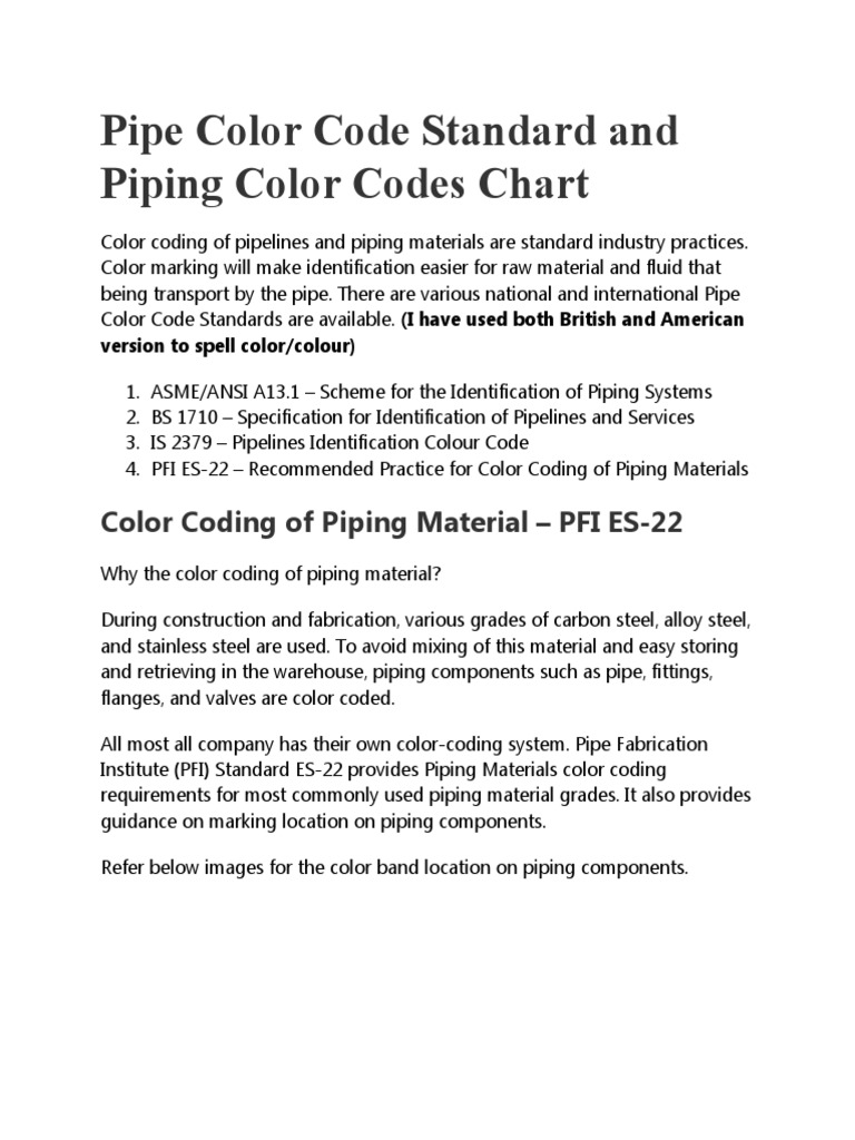 Pipe Color Code Standard and Piping Color Codes Chart Summary | PDF ...