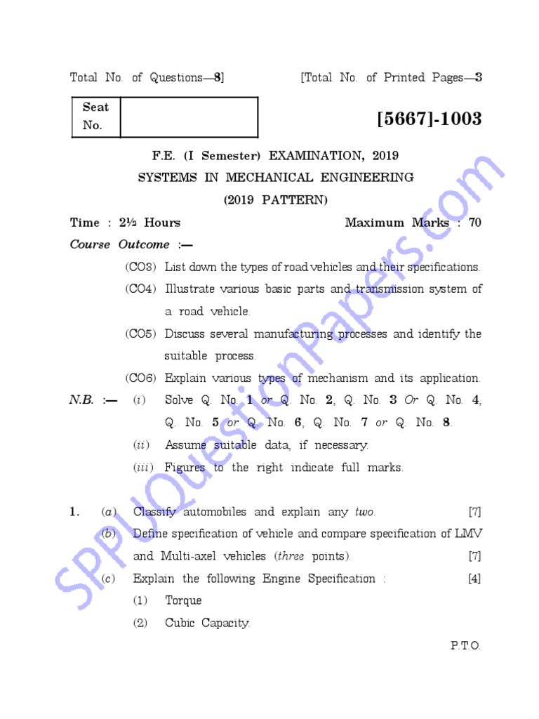 Be First Year Fe Engineering Semester 1 2019 November Systems in Mechanical Engineering Pattern ...