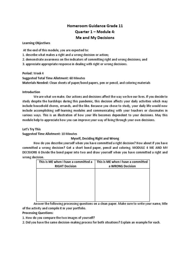 Homeroom Guidance Grade 11week 4 Activity Sheet | PDF | Decision Making ...