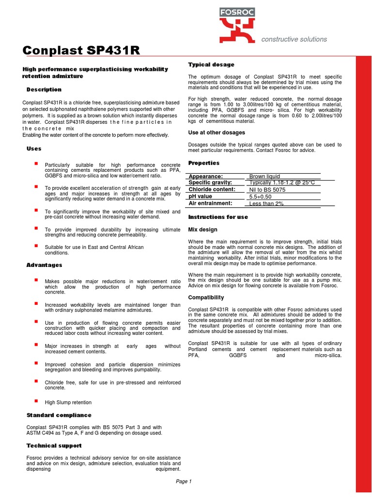 Conplast SP431R: Constructive Solutions | PDF | Concrete | Cement