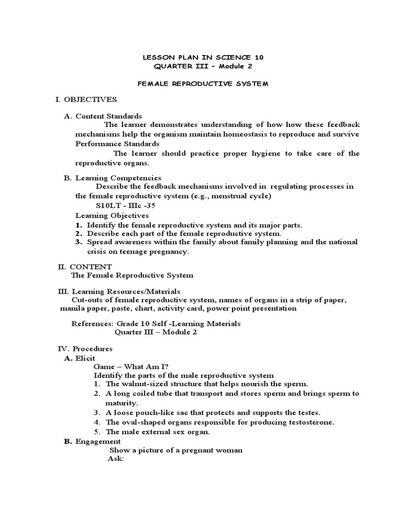 Lesson Plan in Female Reproductive System | PDF | Uterus | Reproductive ...