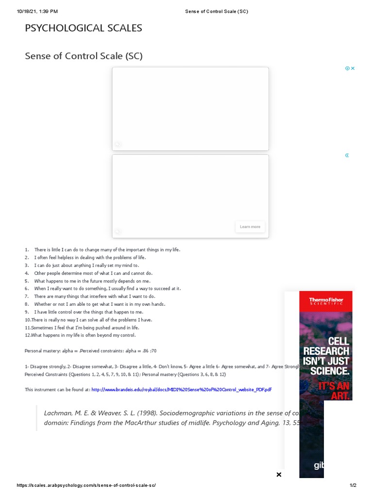 Sense of Control Assessment | PDF | Social Psychology | Applied Psychology