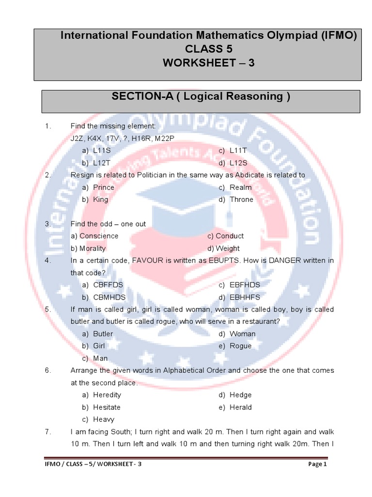 International Foundation Mathematics Olympiad (IFMO) Class 5 Worksheet ...