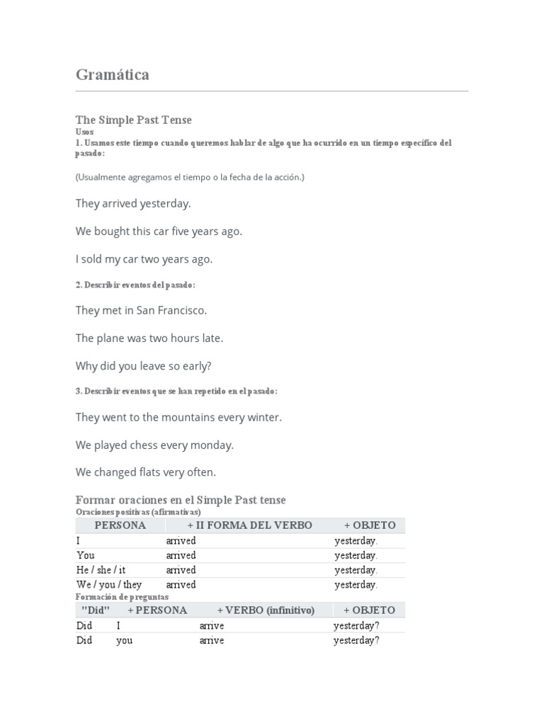 Gramática: The Simple Past Tense | Descargar gratis PDF | Conjugación ...