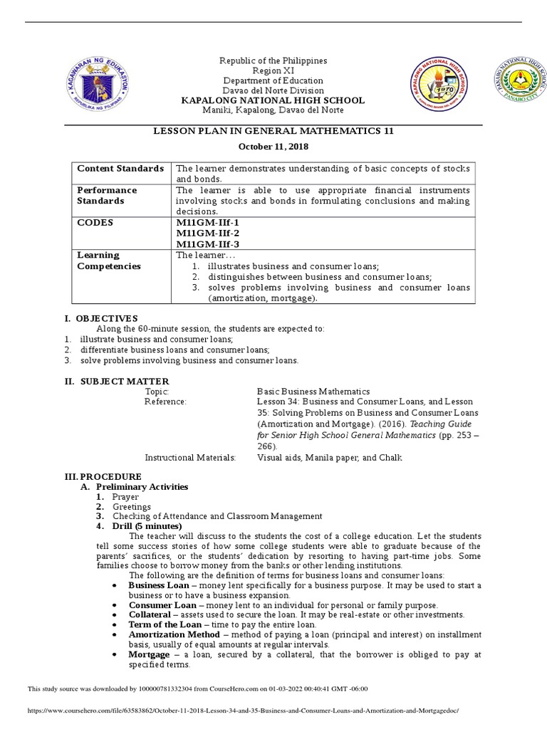 Lesson Plan in General Mathematics 11 | PDF | Loans | Mortgage Loan