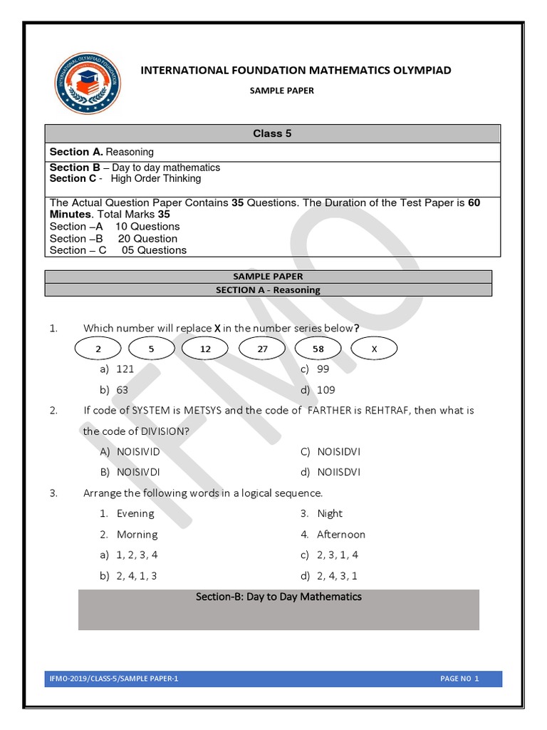 International Foundation Mathematics Olympiad: Class 5 Section A ...