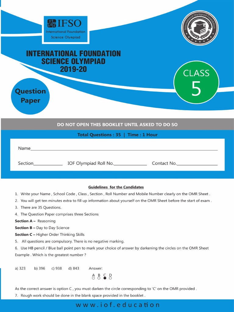 IFSO Class 5 2019 Question Paper | PDF | Force | Liquids