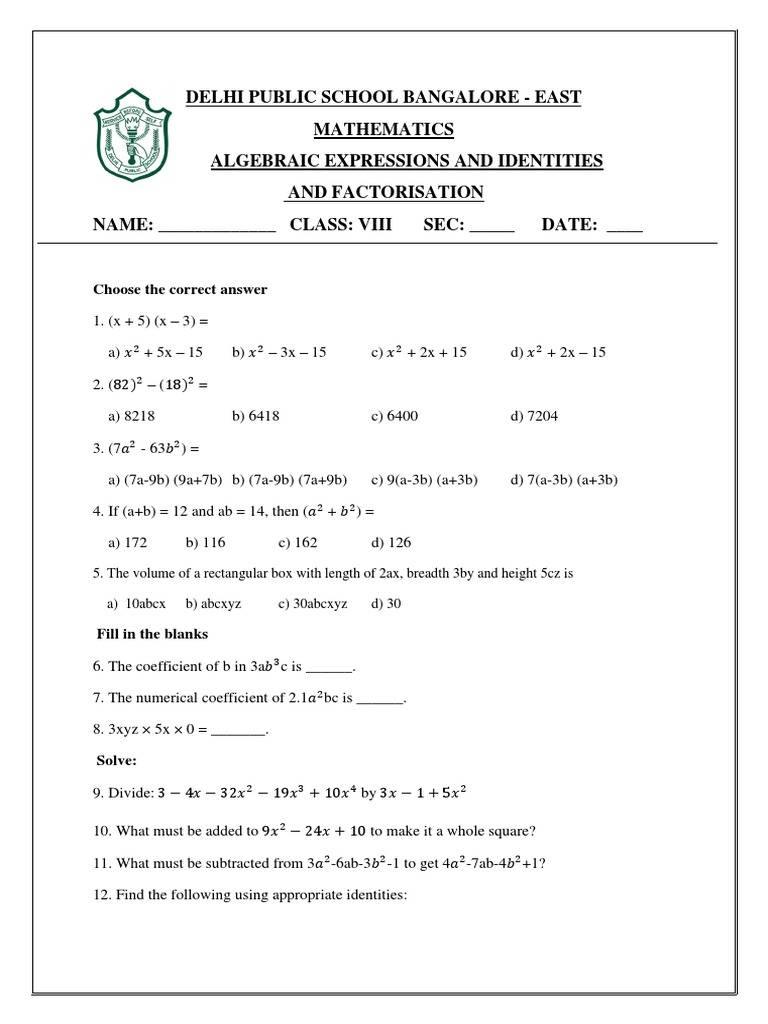 Algebraic Expressions and Identities & Factorisation Worksheet | PDF