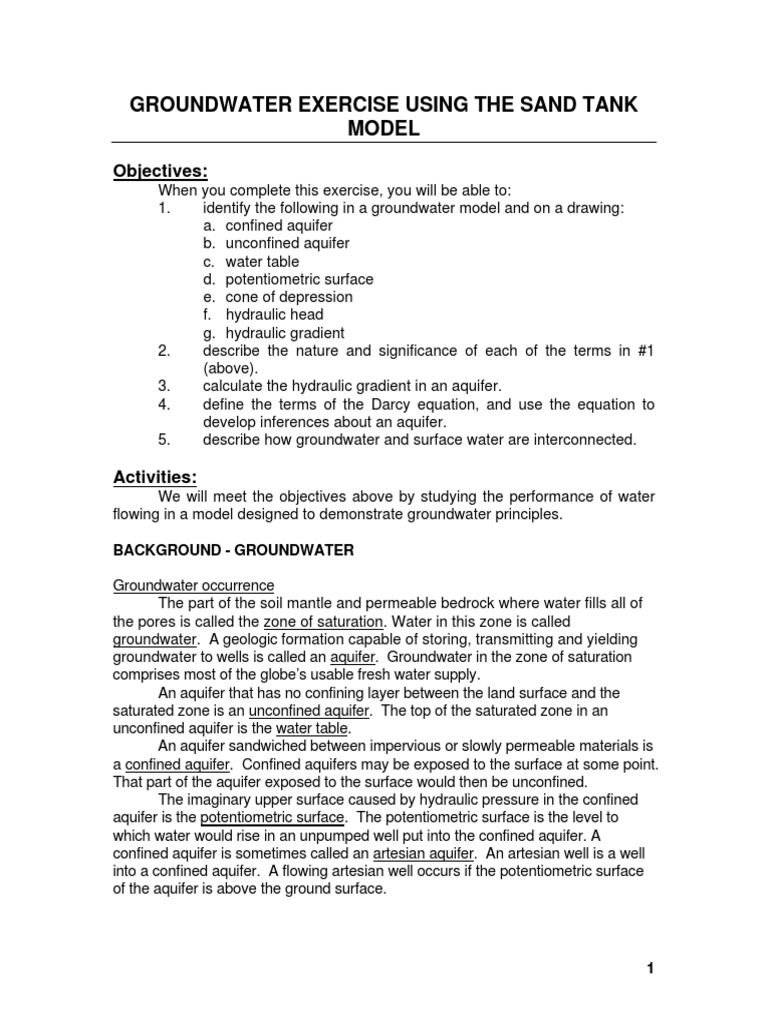 Groundwater Exercise Using The Sand Tank Model: Objectives | PDF ...