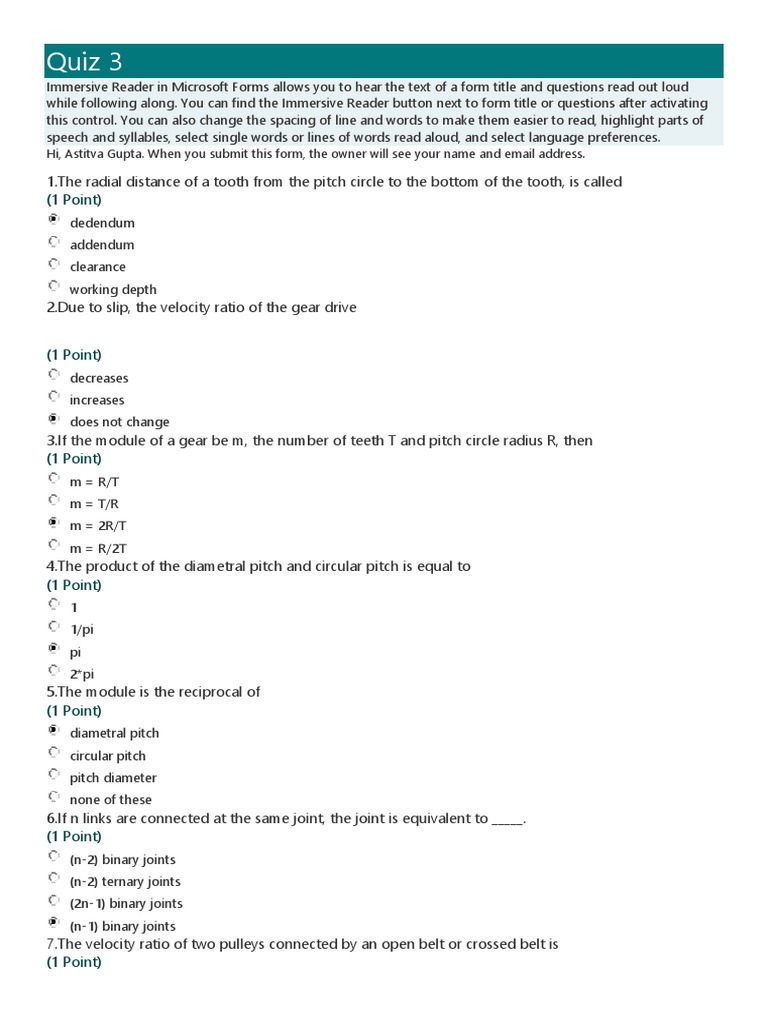 Gear Mechanics Quiz in Microsoft Forms | PDF | Gear | Kinematics