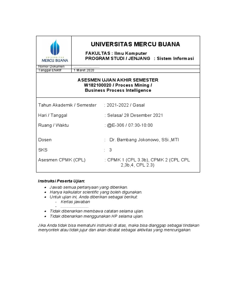 UAS Proses Mining Gasal 2021-2022 Selasa 0730-Dikonversi | PDF | Komputer