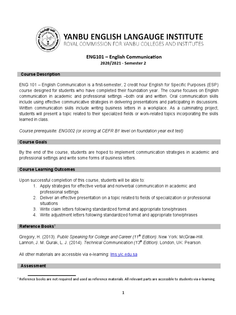 ENG101 Course Syllabus & Assessment Matrix 2021-2 | PDF | Communication ...