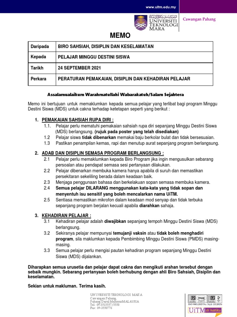 Memo Sahsiah, Disiplin Dan Keselamatan | PDF