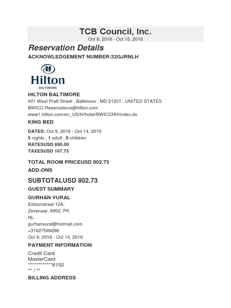 TCB Council, Inc.: Reservation Details | PDF