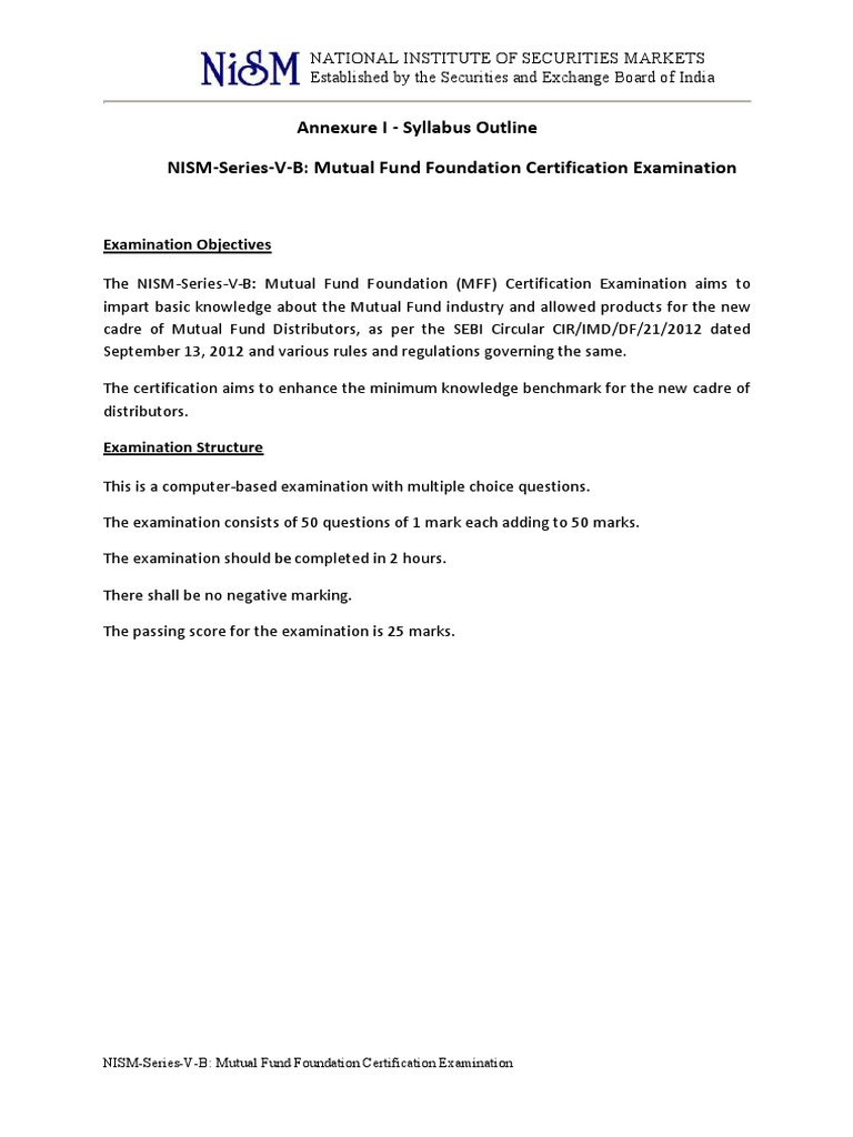 Annexure I - Syllabus Outline NISM-Series-V-B: Mutual Fund Foundation Certification Examination ...