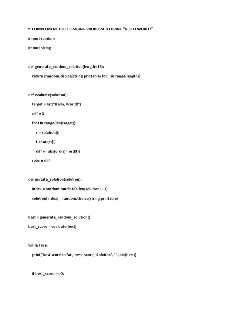 Zto Implement Hill Climbing Problem To Print "Hello World" | PDF ...