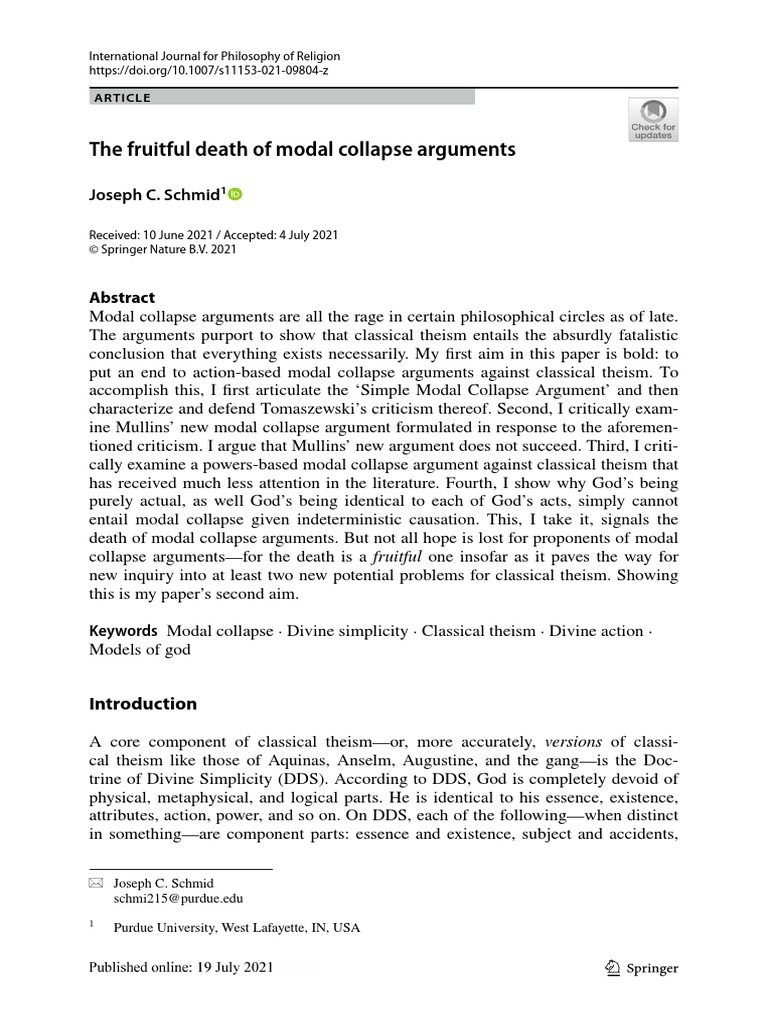 The Fruitful Death of Modal Collapse Arguments: Joseph C. Schmid | PDF ...