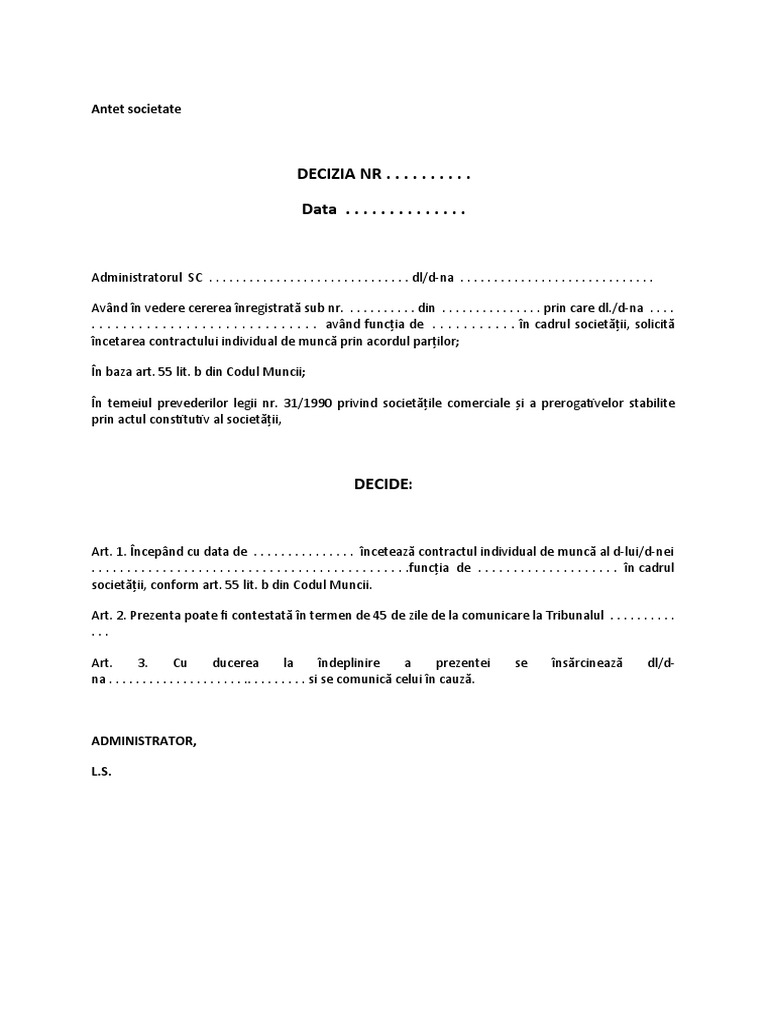 Model Decizie Incetare Cim Art 55 B Acordul Partilor | PDF