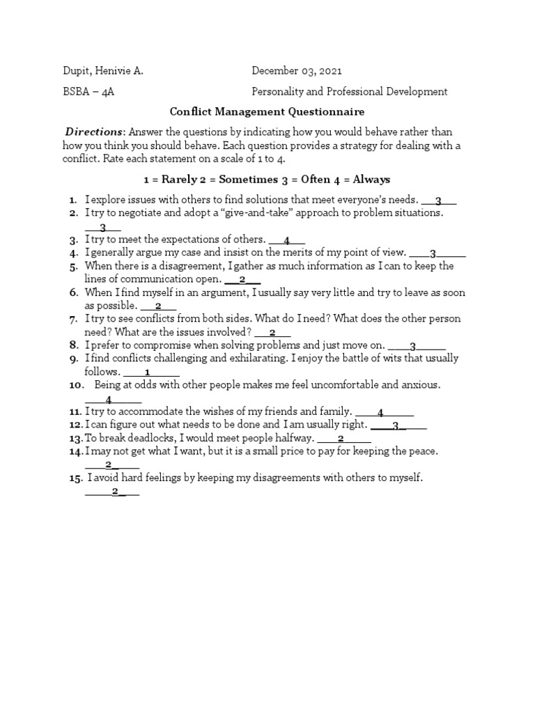 Conflict Management Questionnaire | PDF | Conflict Resolution | Human ...