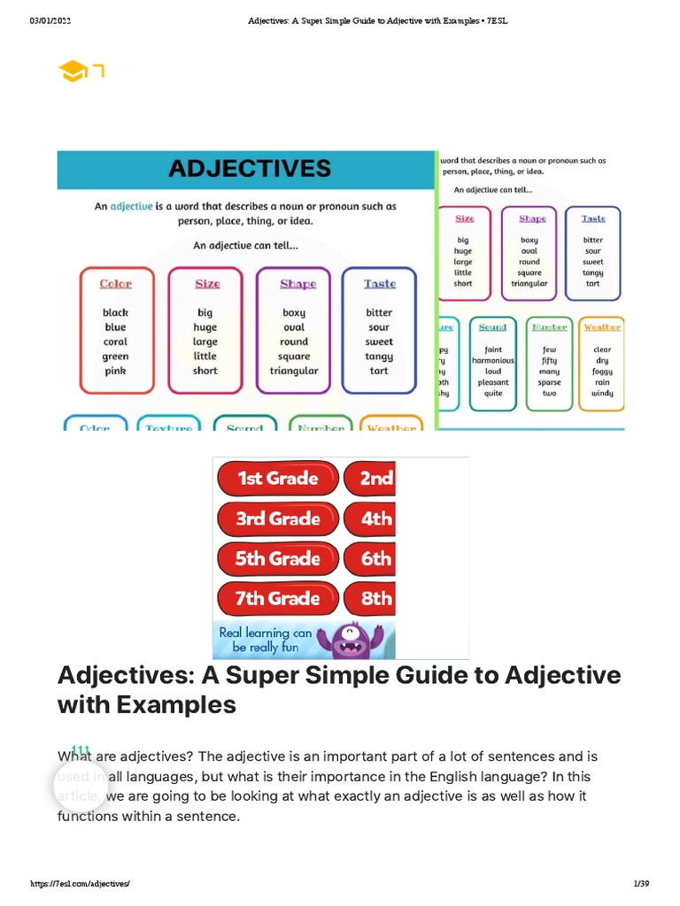Adjectives - A Super Simple Guide To Adjective With Examples - 7ESL ...