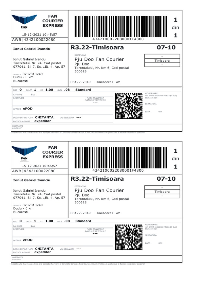 FAN Courier Express: AWB 4342100022080 4342100022080001F4800 | PDF