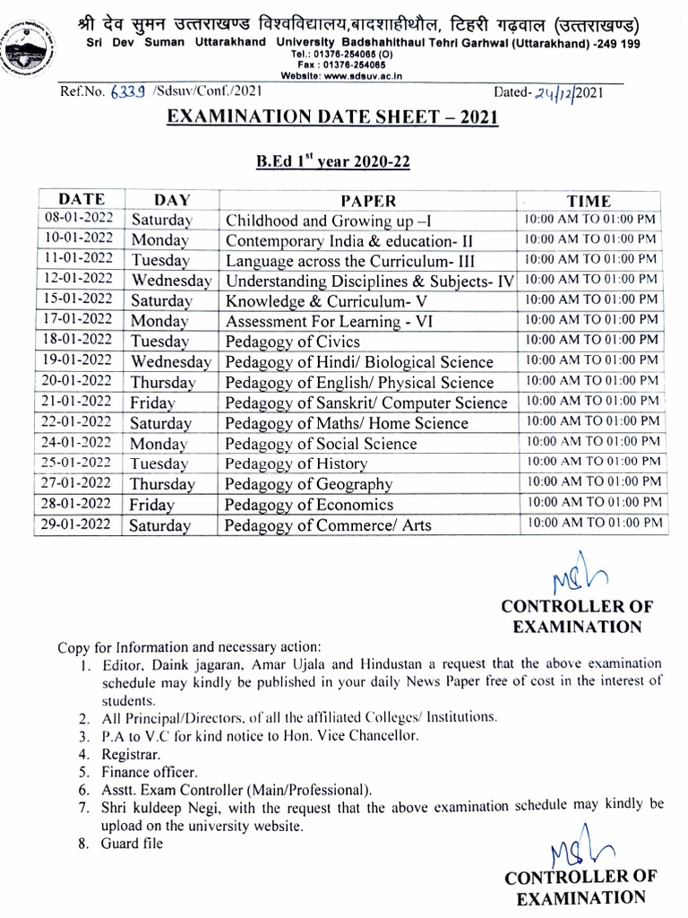 Examination Date Sheet-2021: B.Ed 1 Year 2020-22 | PDF