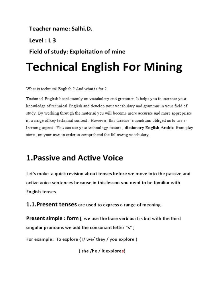 Technical English For Mining (L3) | PDF | Verb | Mining