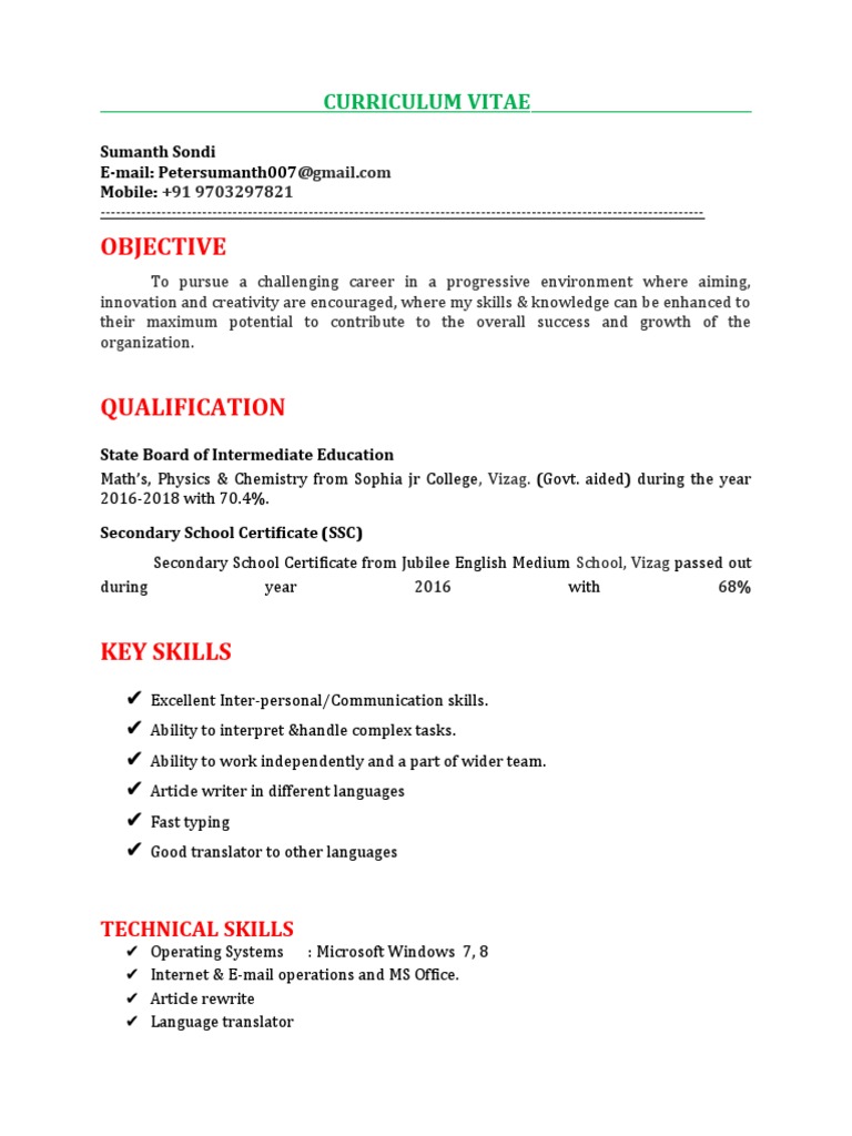 Objective: Curriculum Vitae | Download Free PDF | Cognition | Communication