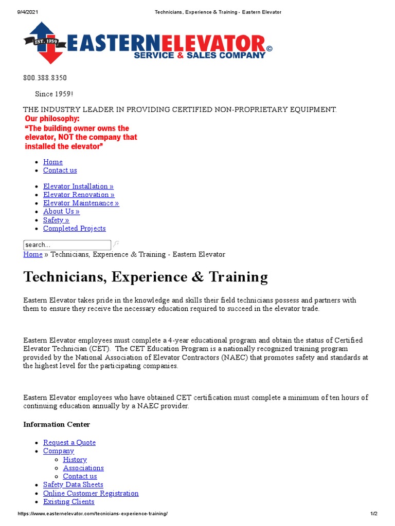Technicians, Experience & Training - Eastern Elevator | PDF