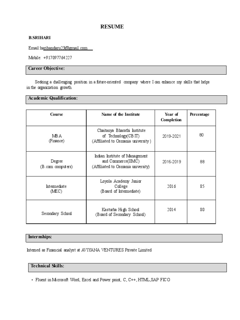 TCS Financial Analyst CV Format | PDF | Career & Growth