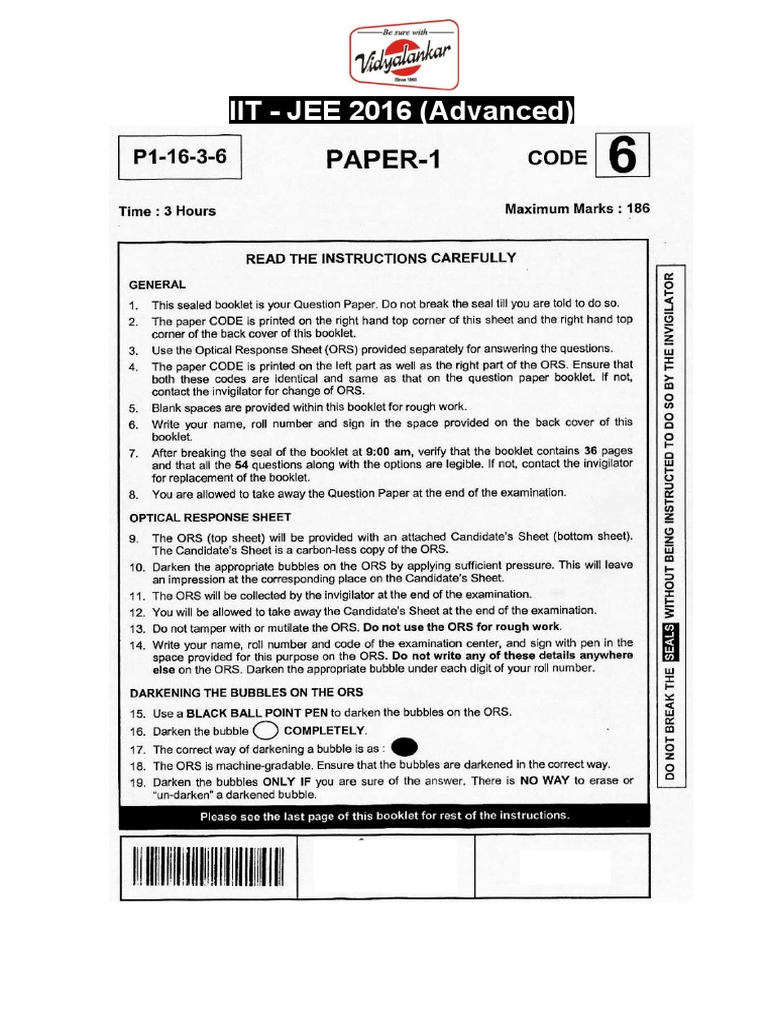 IIT JEE Advanced 2016 Question Paper 1 With Solutions | PDF ...