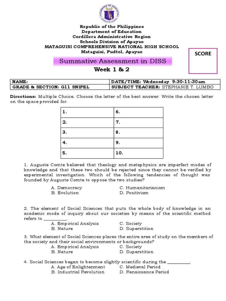 Summative Assessment in DISS: Score | PDF | Science | Social Sciences
