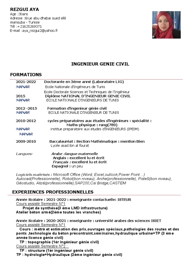 CV Aya | PDF | Ingénieur | Entrepreneur principal