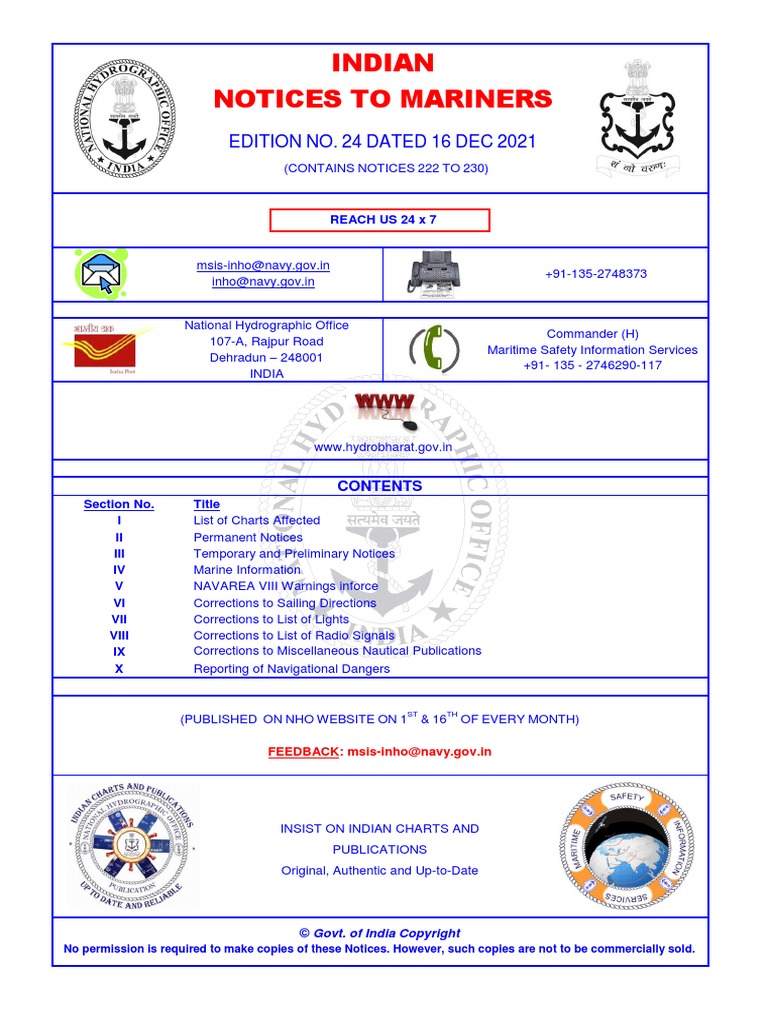 Indian Notices To Mariners: Edition NO. 24 Dated 16 DEC 2021 | PDF ...