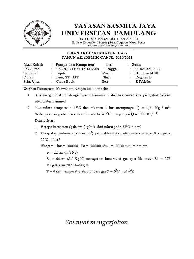 Soal Uas Pompa Dan Kompresor | PDF