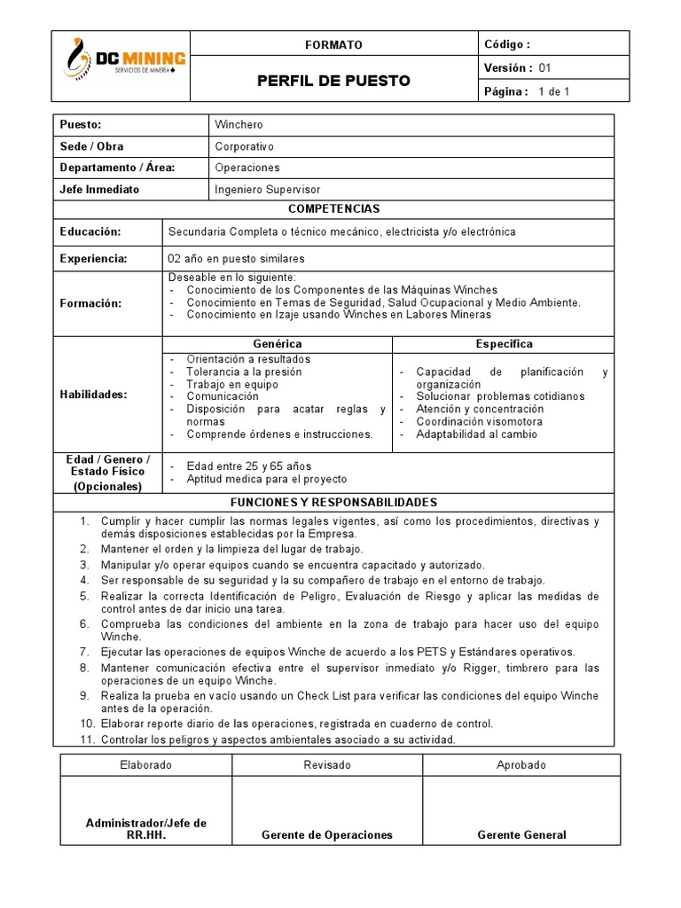 19 Perfil de Puesto - Winchero | PDF | Seguridad y salud ocupacional